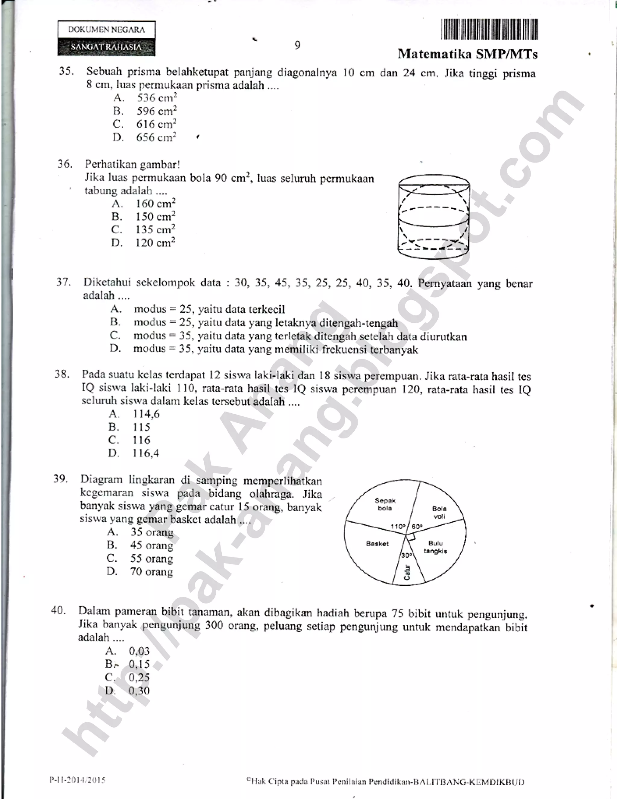 Naskah soal un matematika smp 2015 paket 1 | PDF
