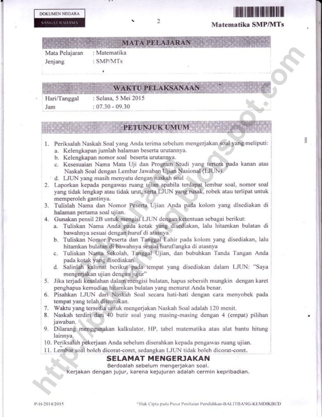 Naskah soal un matematika smp 2015 paket 1 | PDF