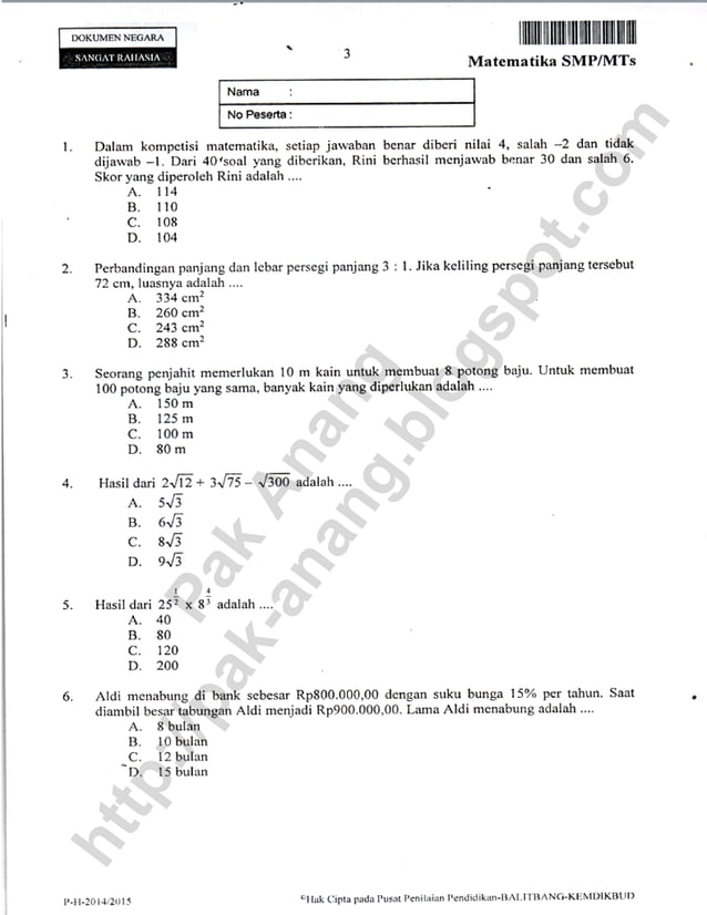 Naskah soal un matematika smp 2015 paket 1 | PDF