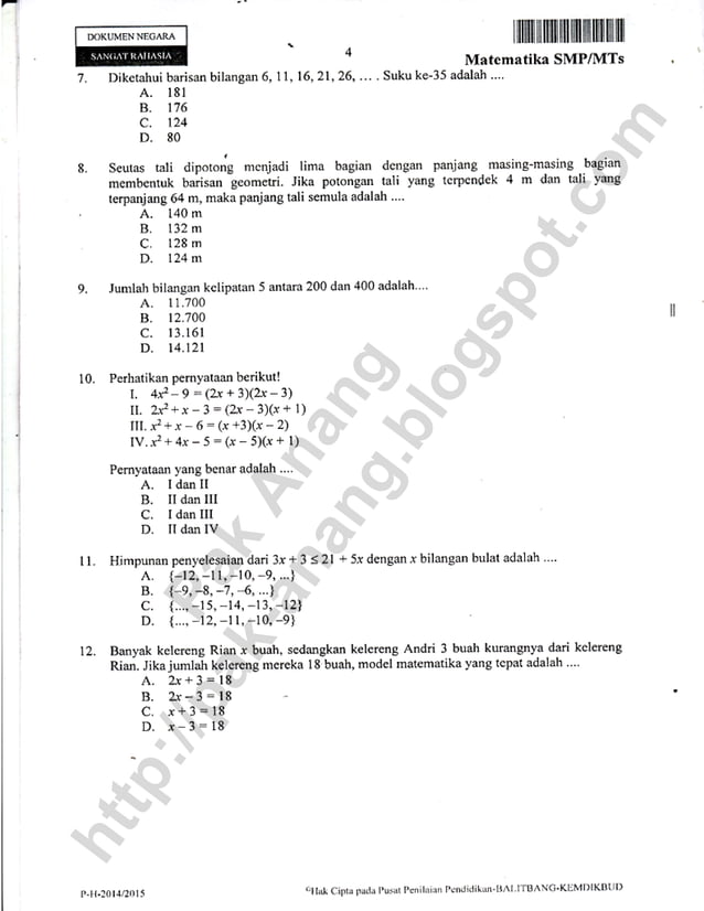 Naskah soal un matematika smp 2015 paket 1 | PDF