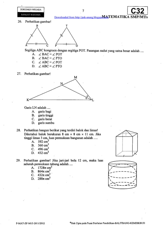 Naskah soal un matematika smp (paket c32) | PDF