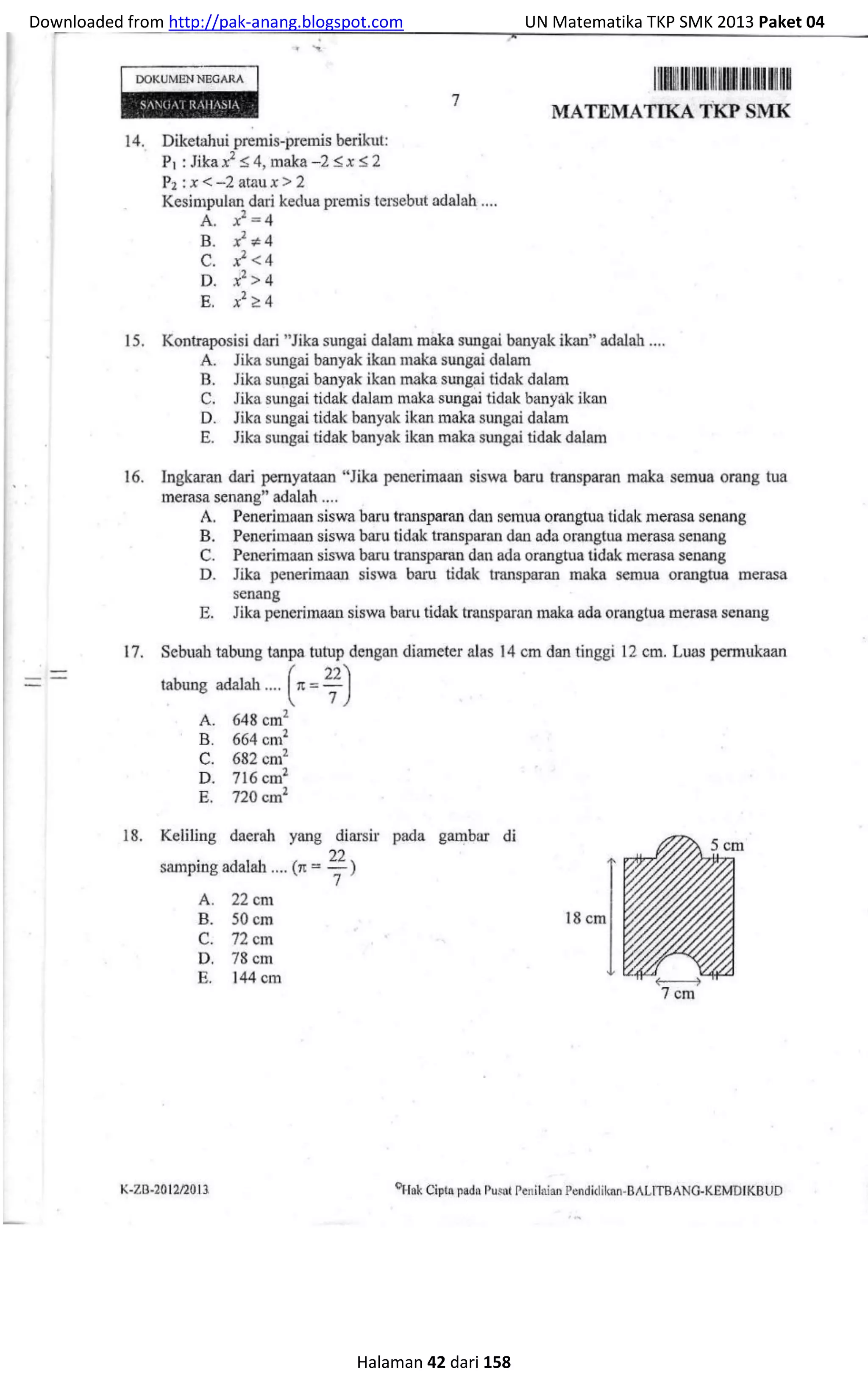 Naskah soal un matematika tkp smk 2013 (14 paket soal) | PDF