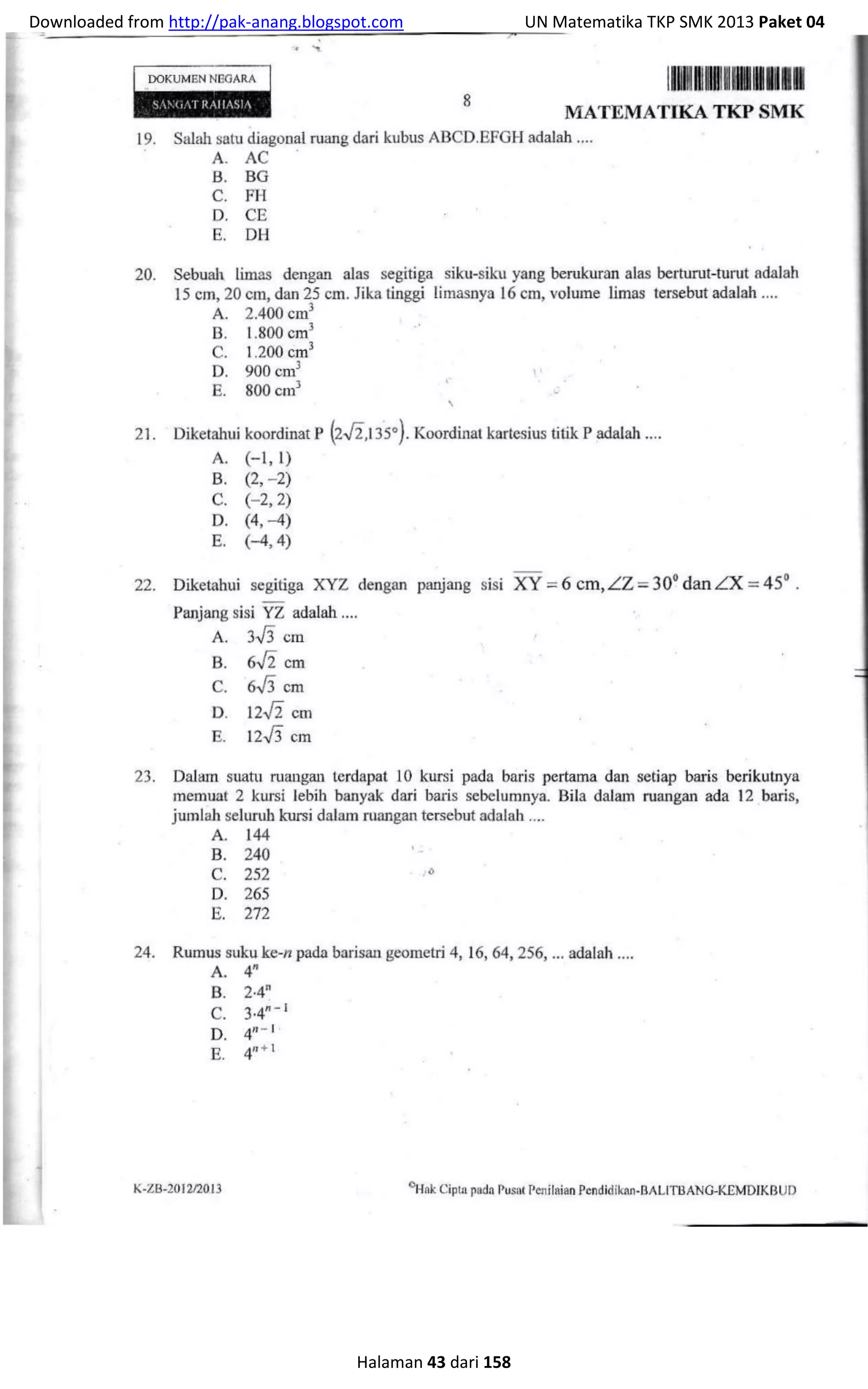 Naskah soal un matematika tkp smk 2013 (14 paket soal) | PDF