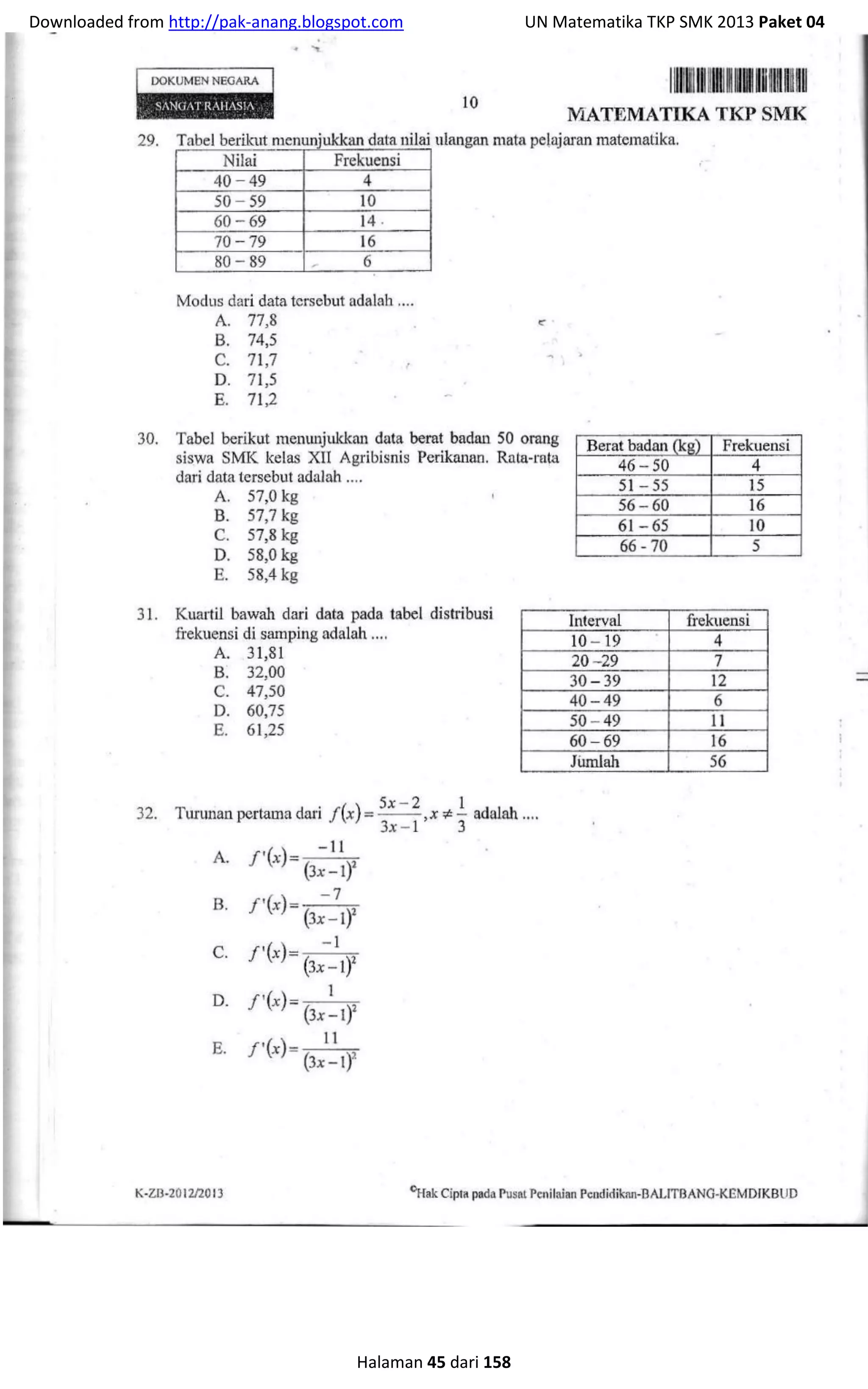 Naskah soal un matematika tkp smk 2013 (14 paket soal) | PDF