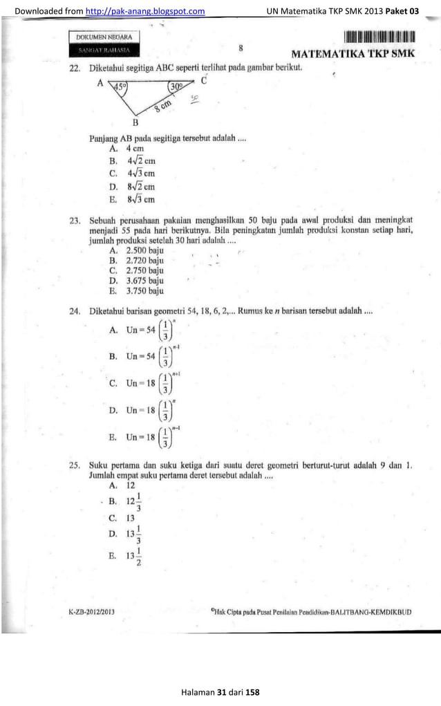 Naskah soal un matematika tkp smk 2013 (14 paket soal) | PDF