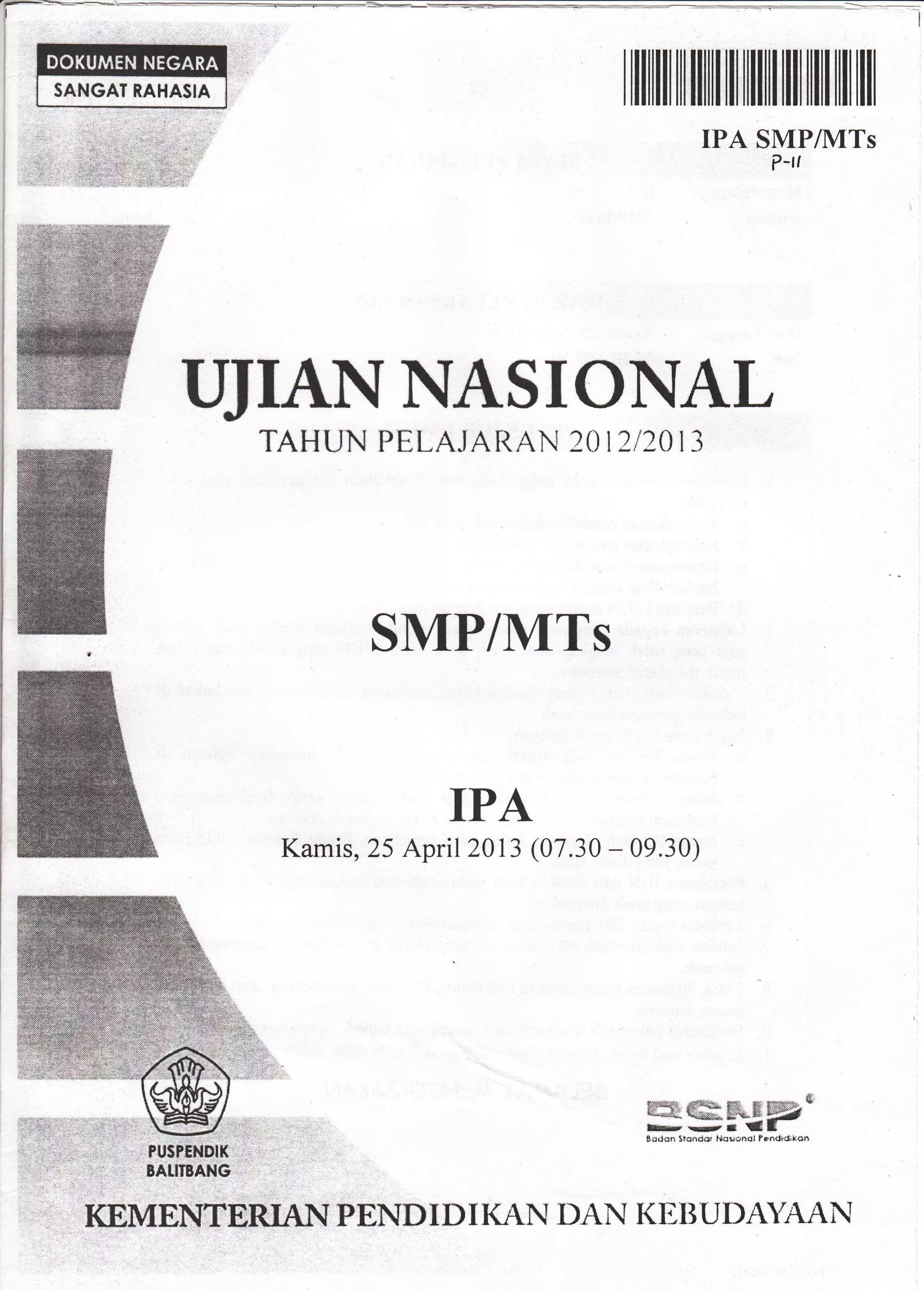 Naskah Soal Ujian Nasional IPA SMP Tahun 2013 paket-11 | PDF