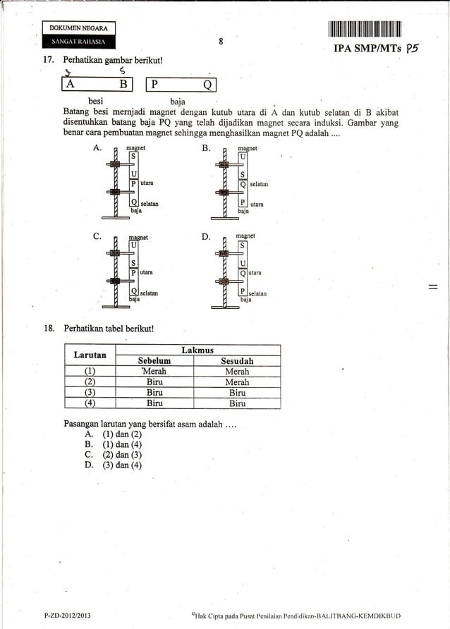 Naskah Ujian Nasional IPA SMP Tahun 2013 paket-05 | PDF