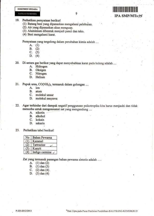 Naskah Ujian Nasional IPA SMP Tahun 2013 paket-05 | PDF
