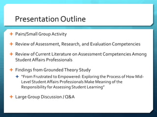 Assessing Ourselves: Mid-Level Professionals and Making Meaning of the Assessment Competencies ...