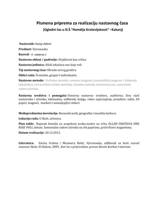 Nastavna priprema iz islamske vjeronauke za 6 razred | DOCX
