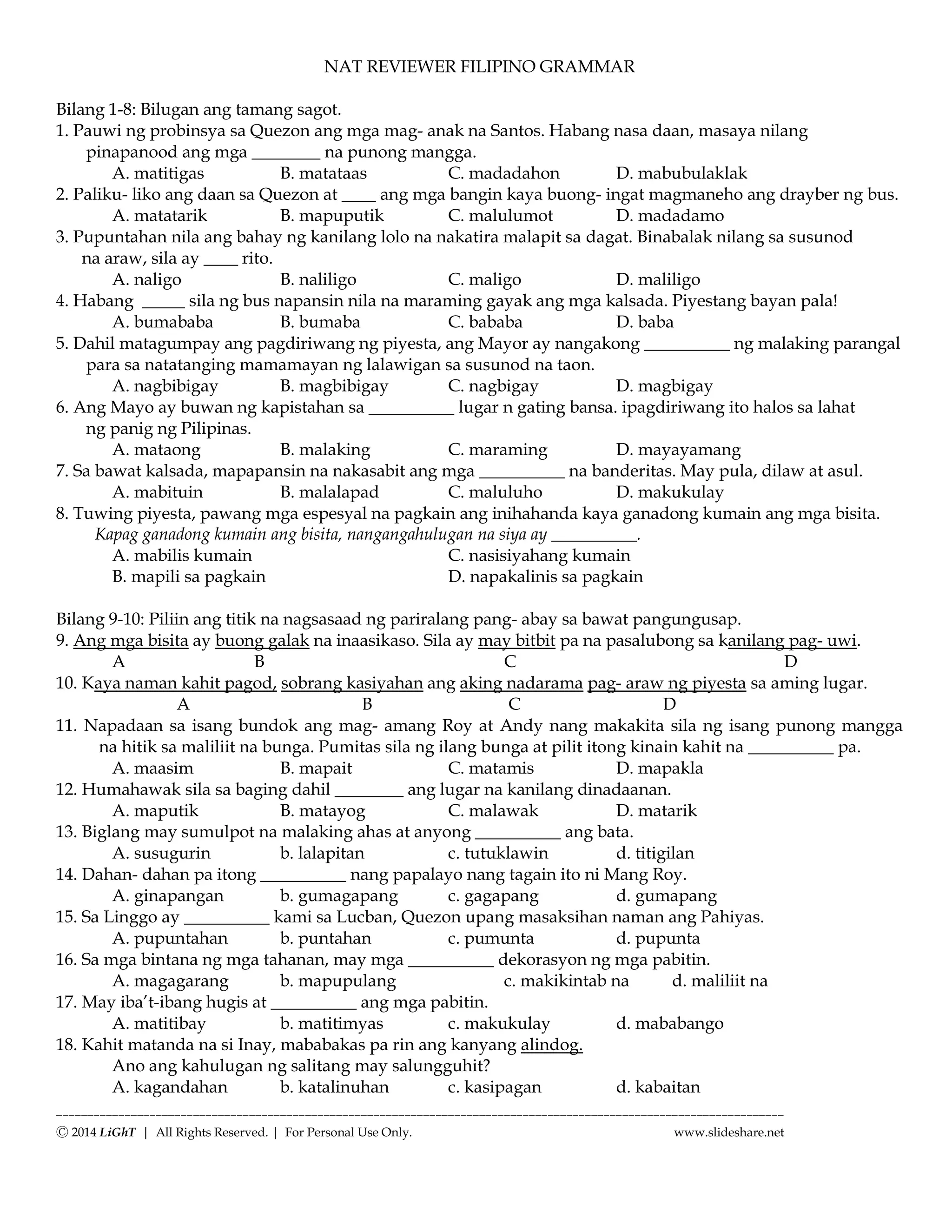 K to 12 Grade 3 FILIPINO NAT (National Achievement Test) Reviewer | PDF