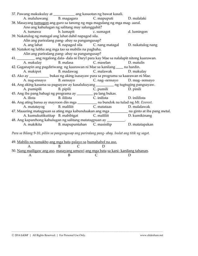 K to 12 Grade 3 FILIPINO NAT (National Achievement Test) Reviewer | PDF