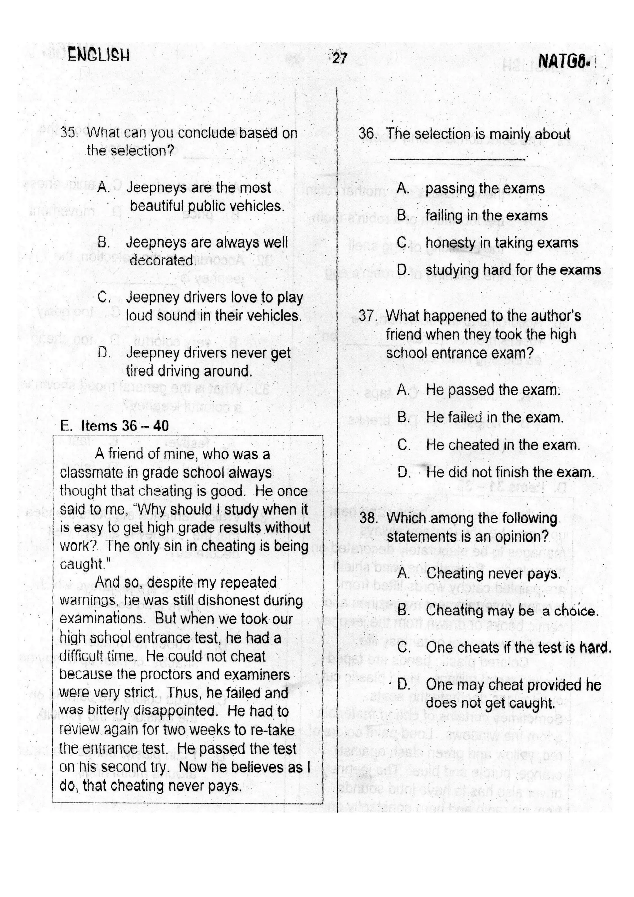 English NAT 6- 2012 | PDF