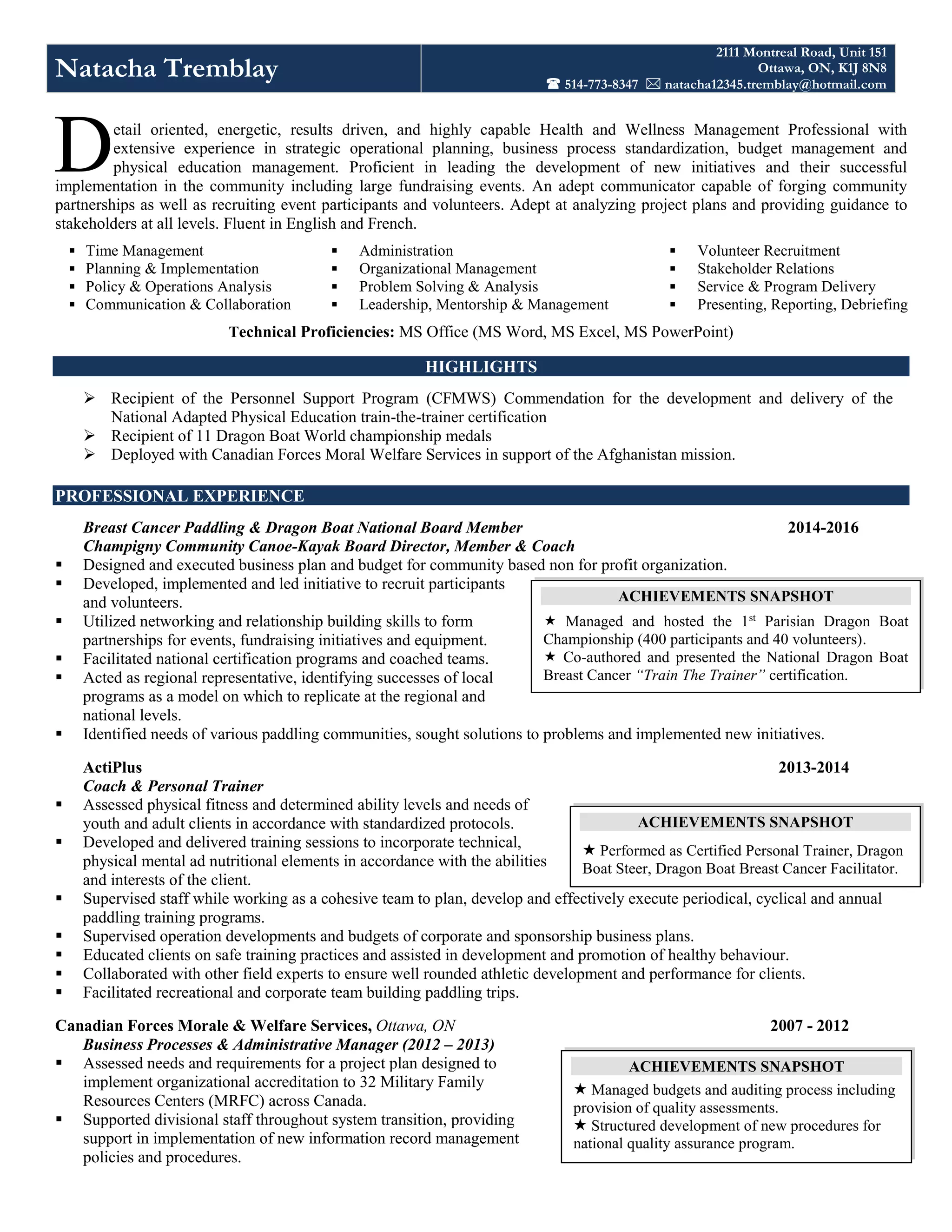 Natacha tremblay resume services management jun 2016 | PDF