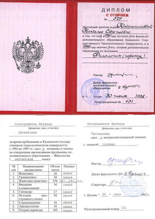 Natalie Lewes Diploma in English Translation Kazan State Technological ...