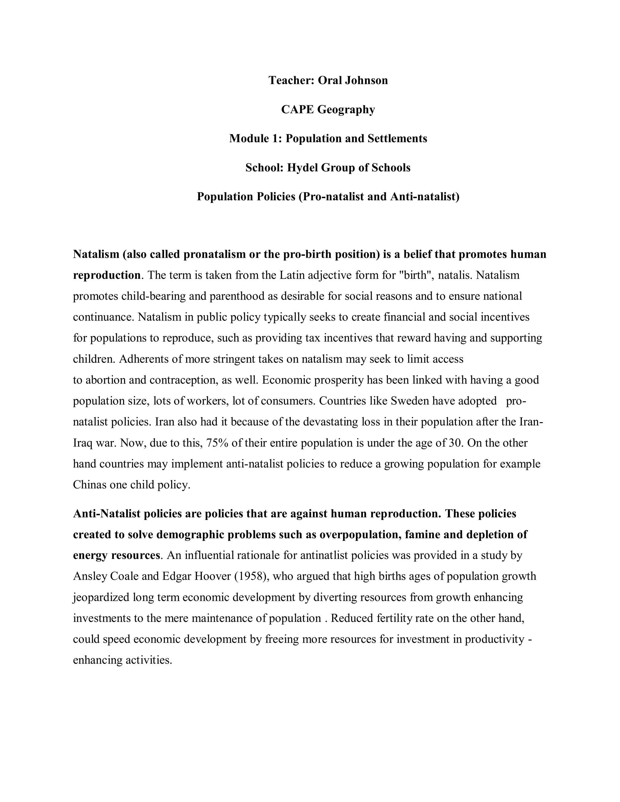 Pro-natalist and Anti-natalist policies | PDF