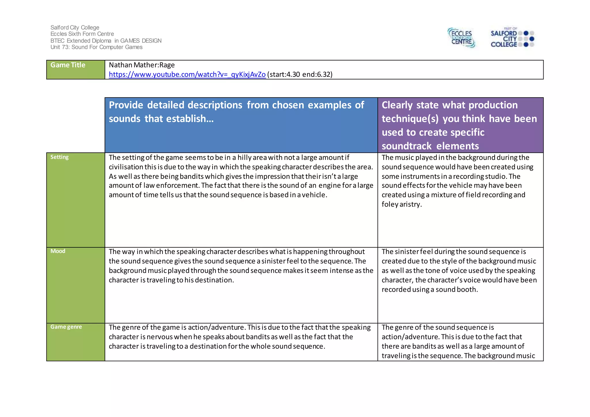 Nathan mather rage sound design in computer games analysis work sheet | PPT | Free Download