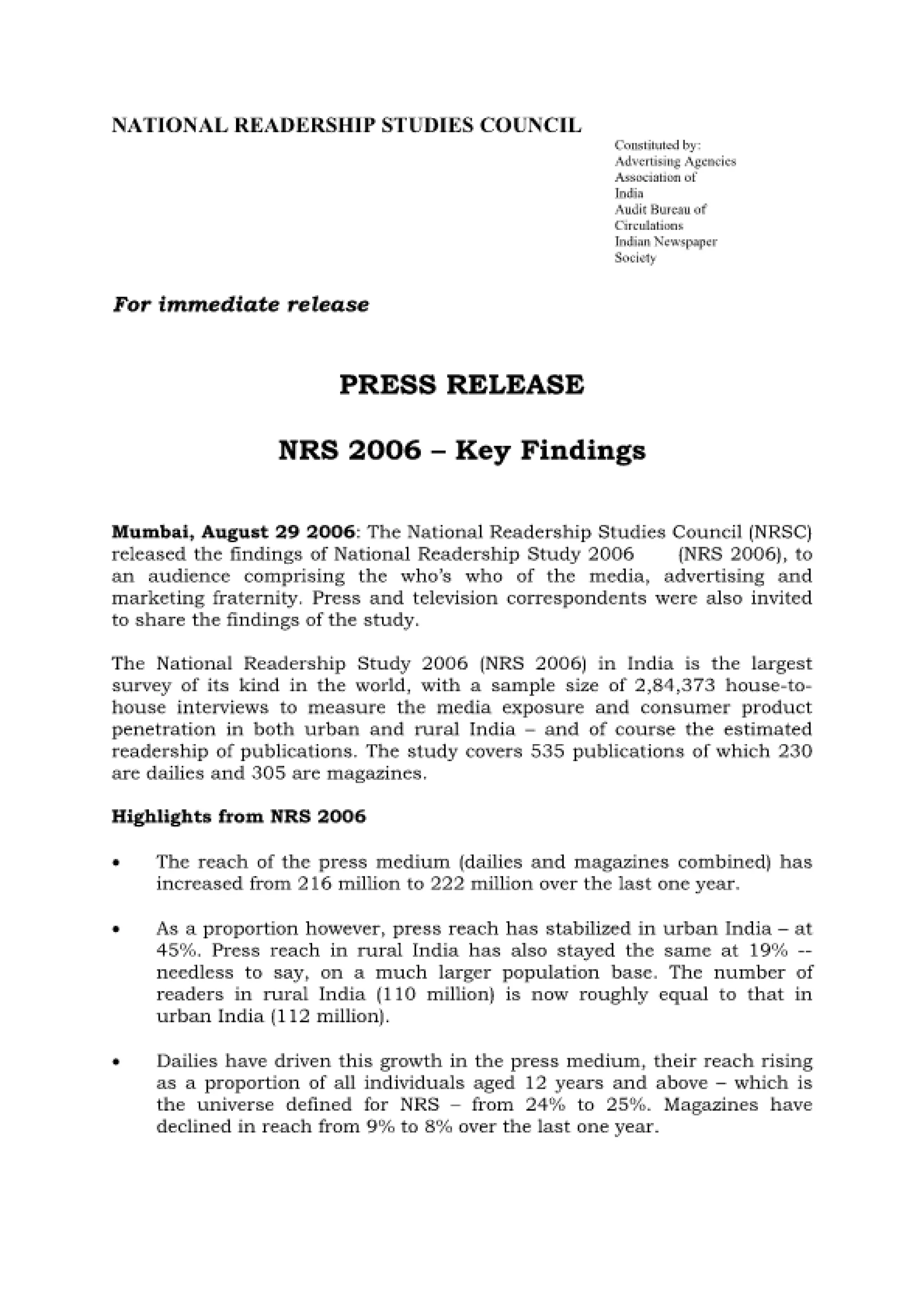 National Readership Studies India - NRS - 2006 | PDF