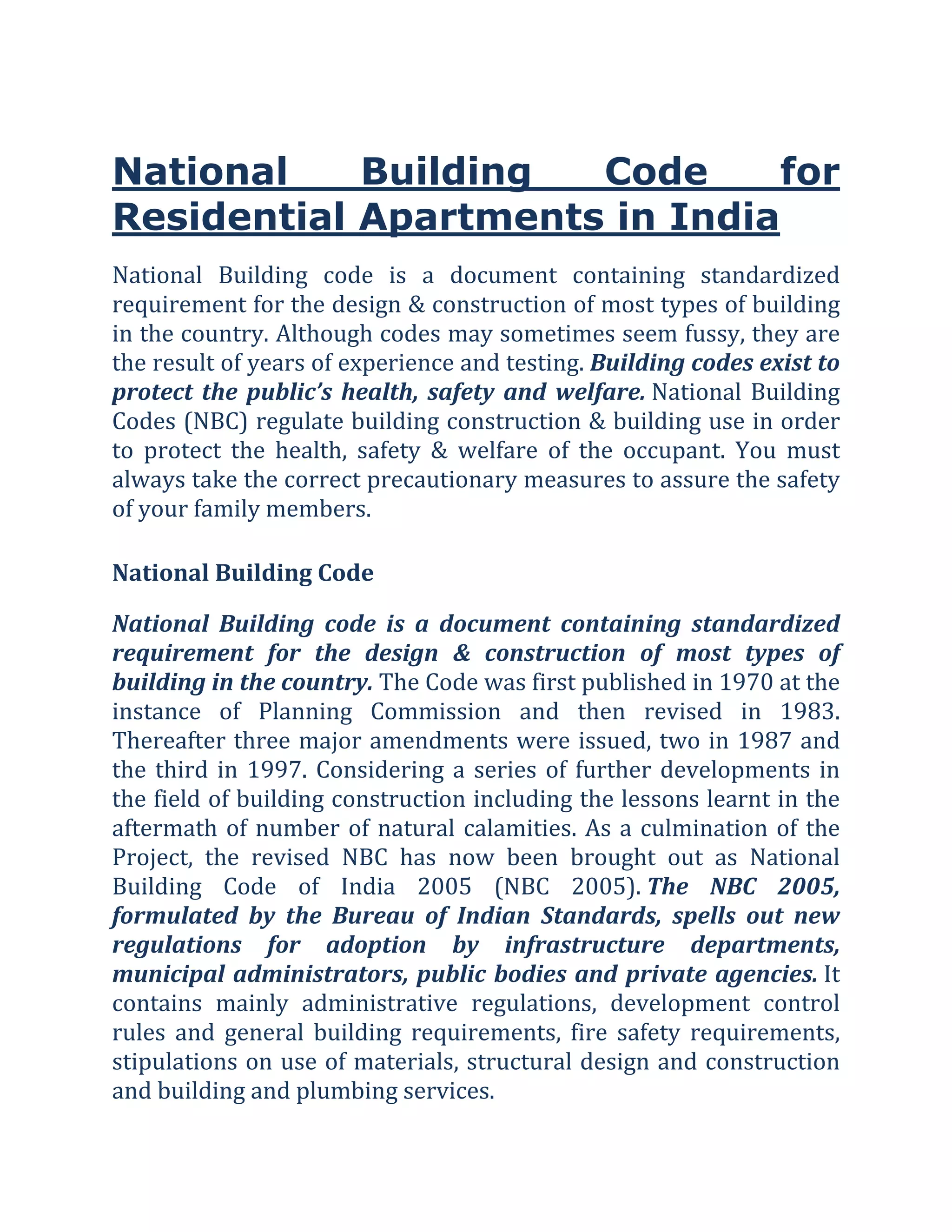 National building code for residential apartments in india | PDF