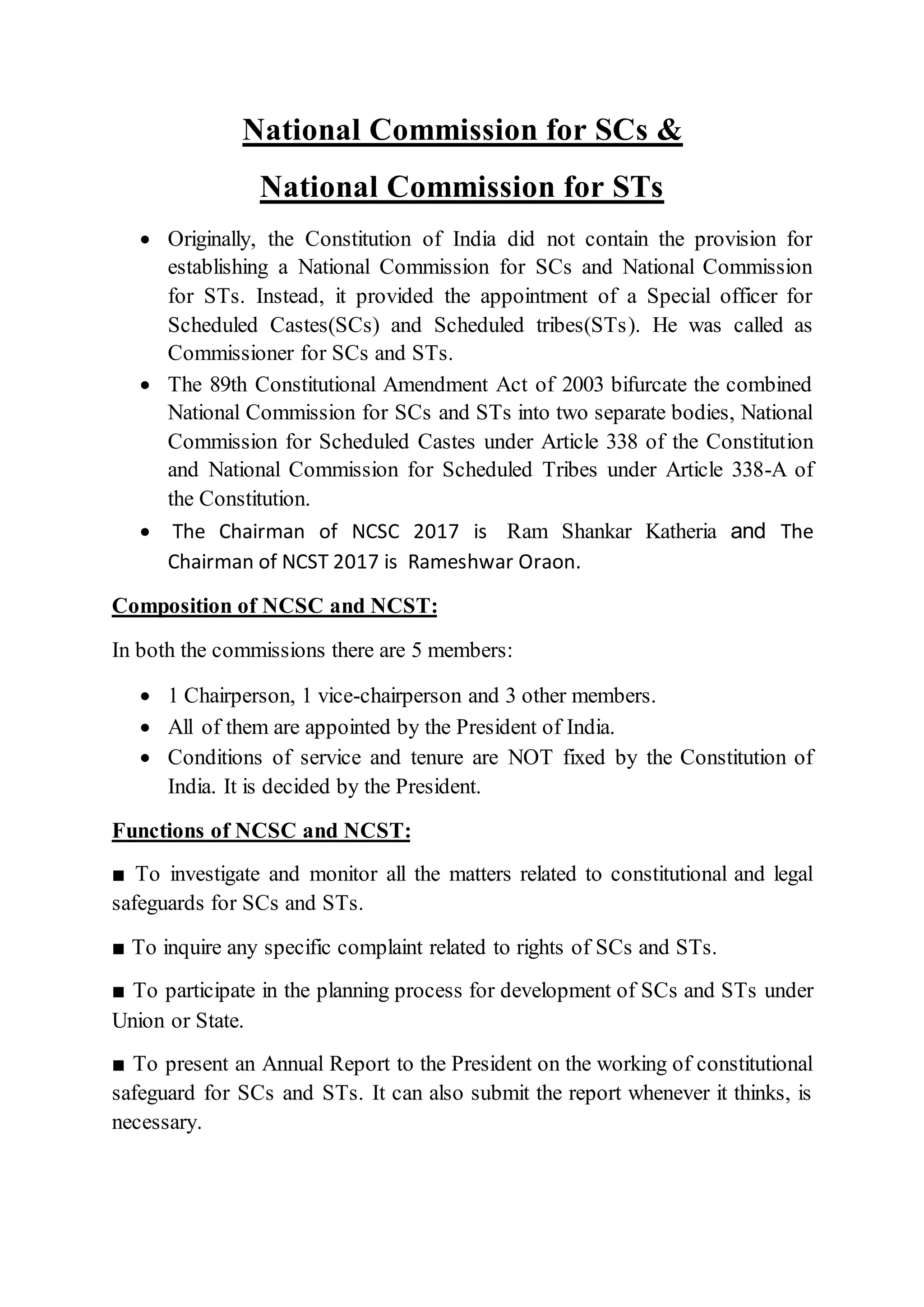 National commission for SCs and National commission for STs | DOCX