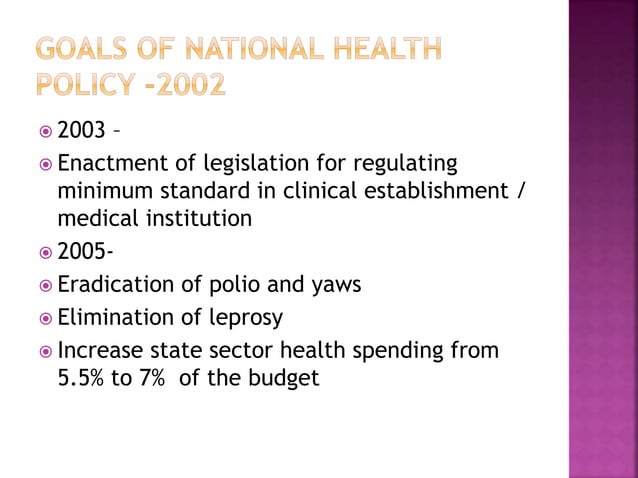 National health policy (1983-2002) | PPTX | Health Insurance | Insurance