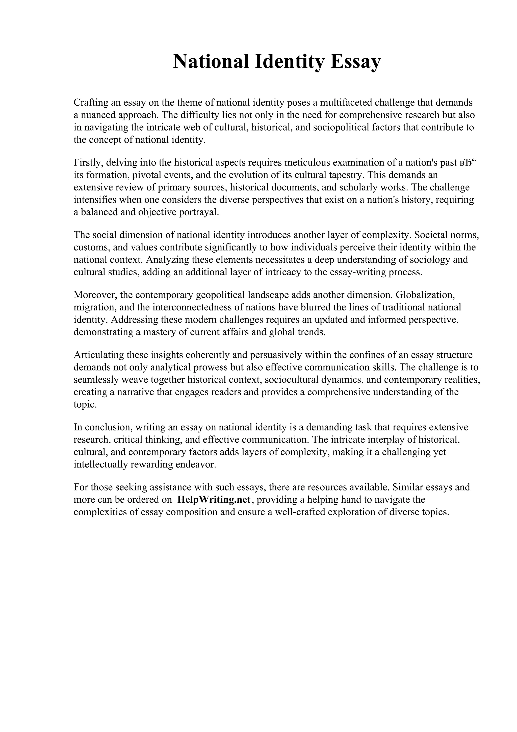 National Identity Essay. Northwood Technical College | PDF