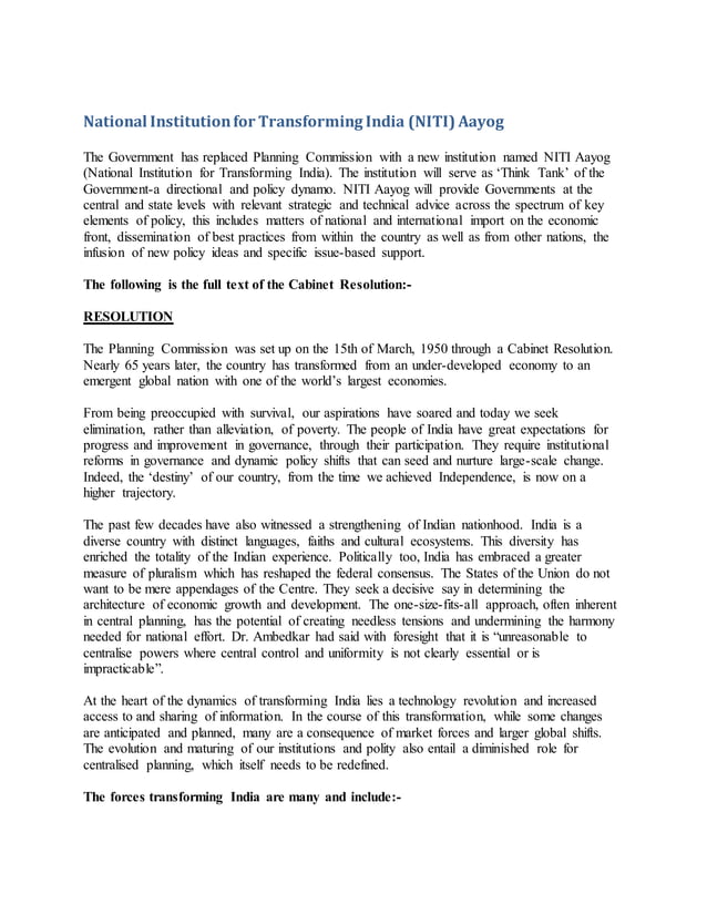National institution for transforming india(NITI AYOG:SSB Lec/Gp Dis 26 | PDF