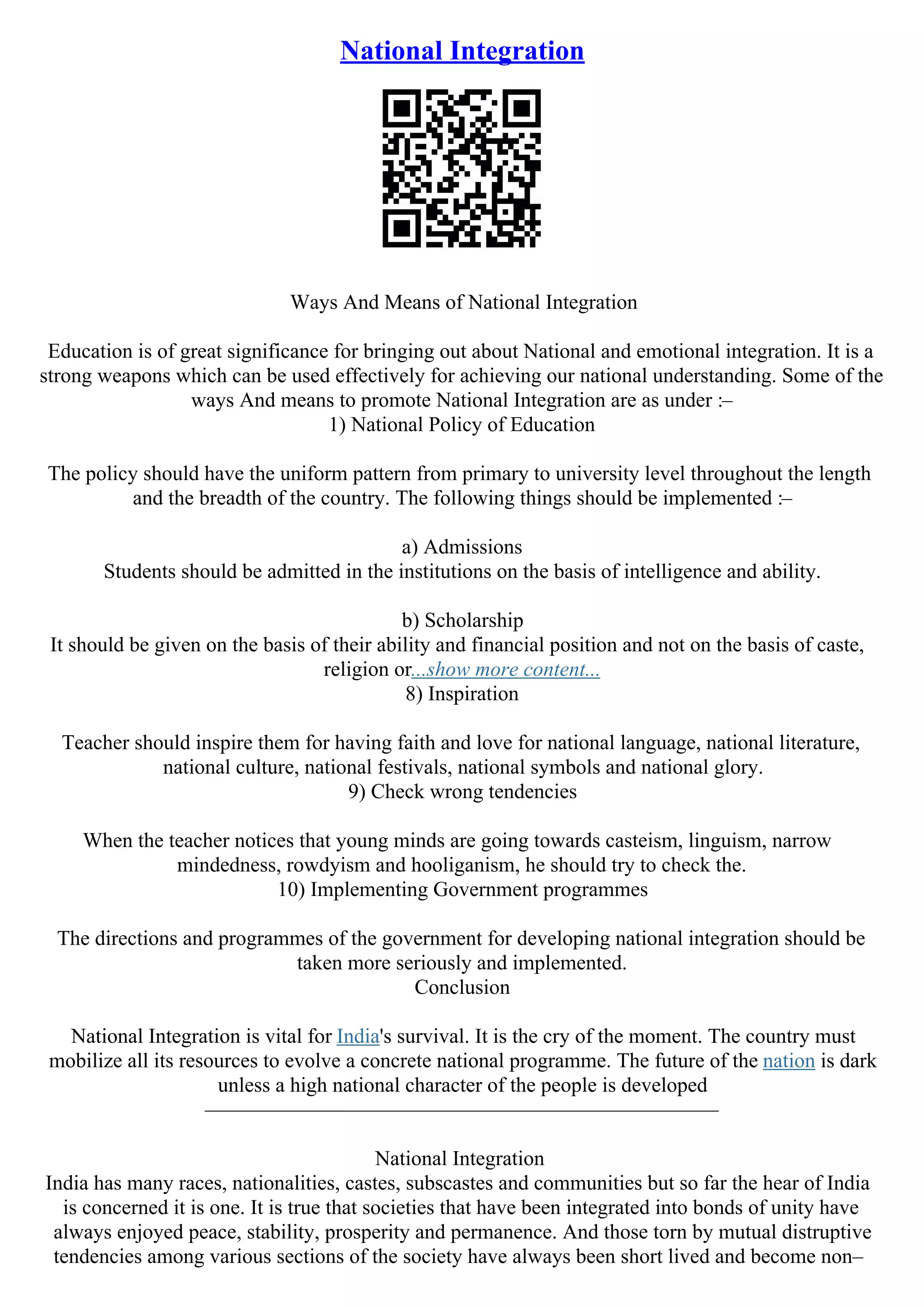 National Integration Essay | PDF