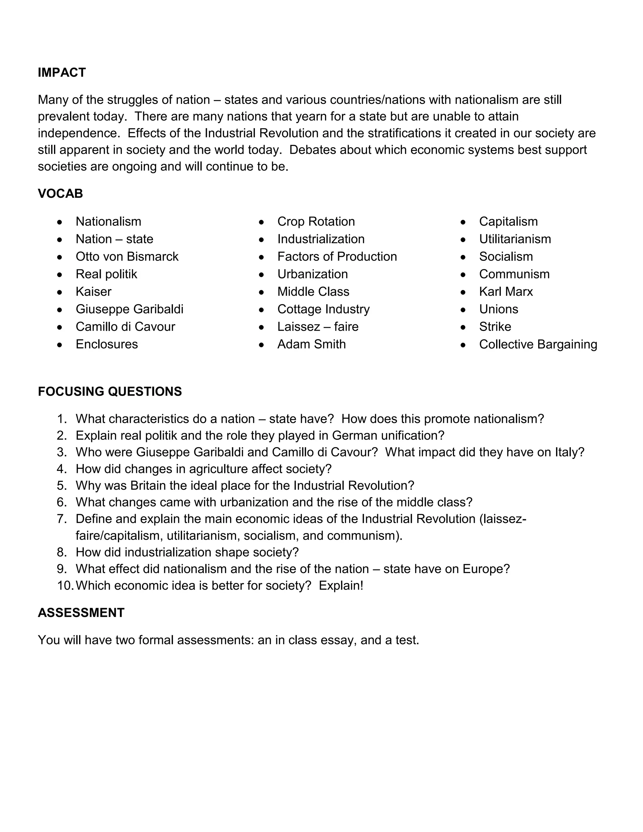 Nationalism and the industrial revolution unit outline 2010 | DOCX