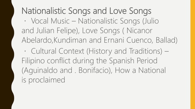 Nationalistic songs and Love Songs | PPTX | World/International Music ...