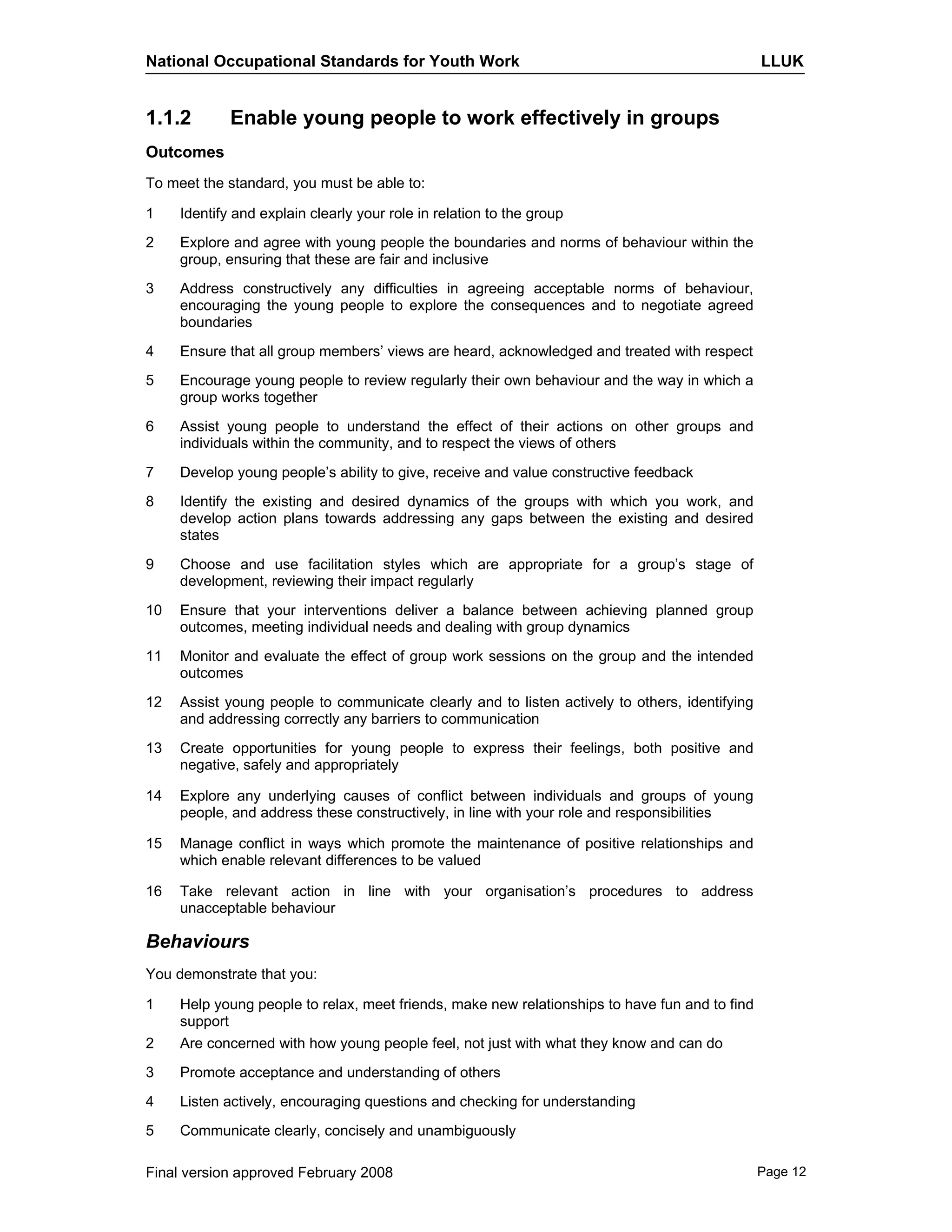 National Occupational Standards for Youth Work | PDF