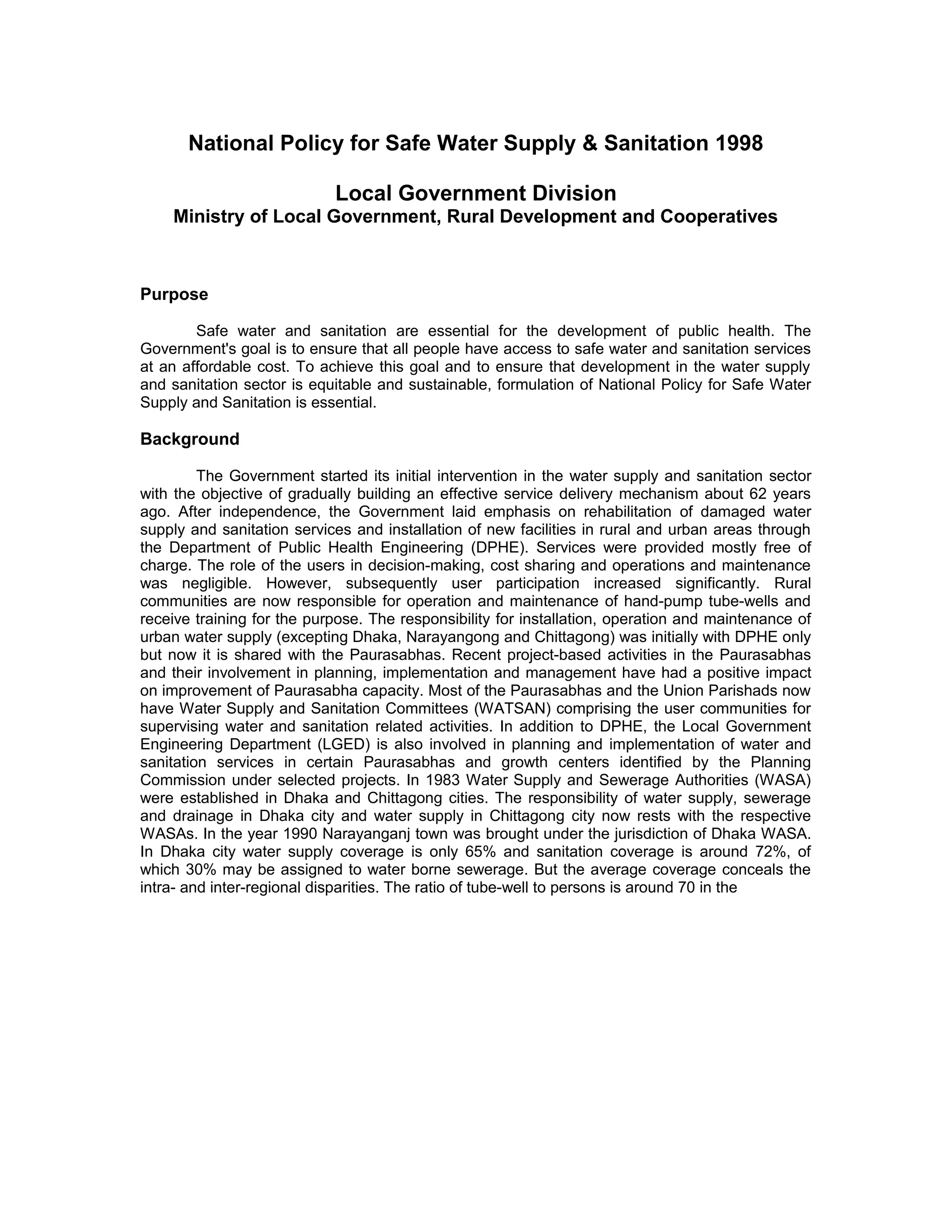 National policy for safe water supply & sanitation 1998 | DOC