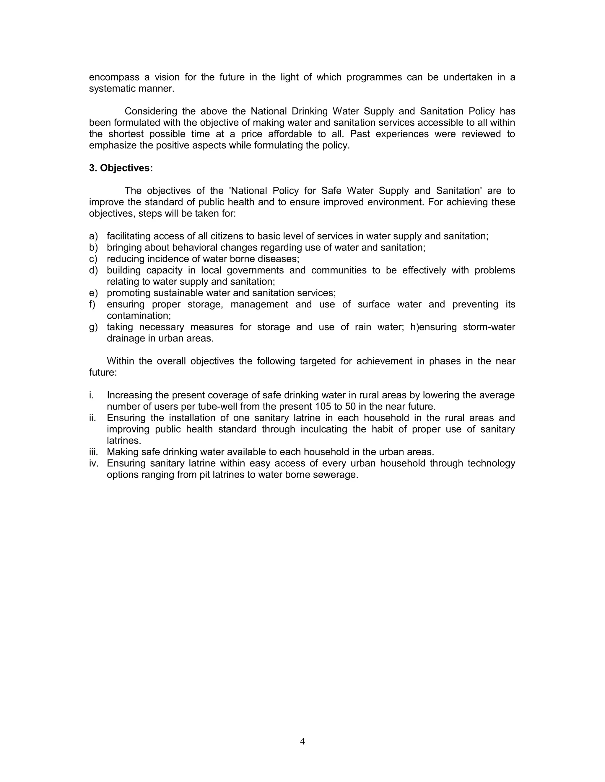National policy for safe water supply & sanitation 1998 | DOC