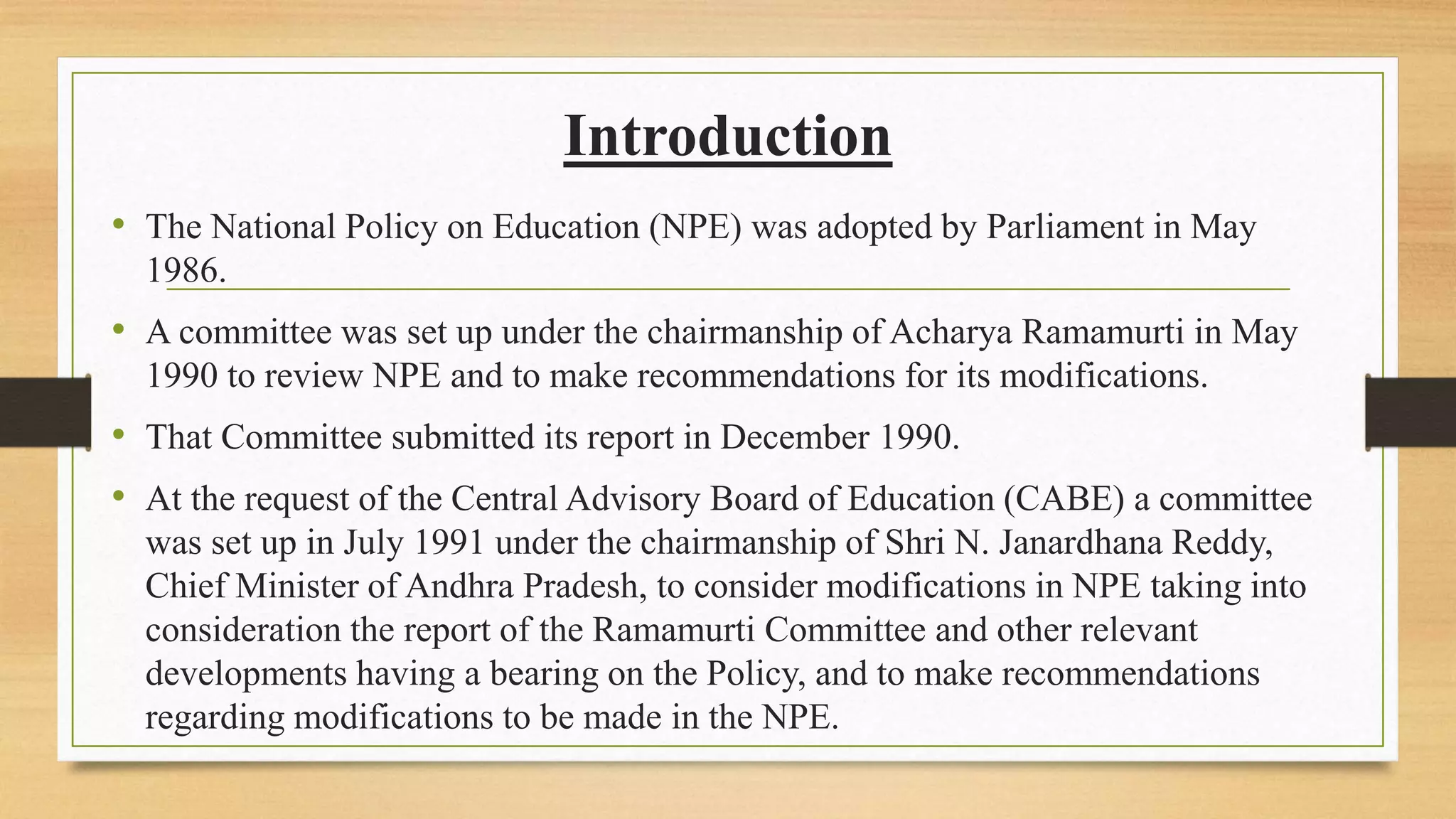 National policy on education (npe 1986) | PPTX