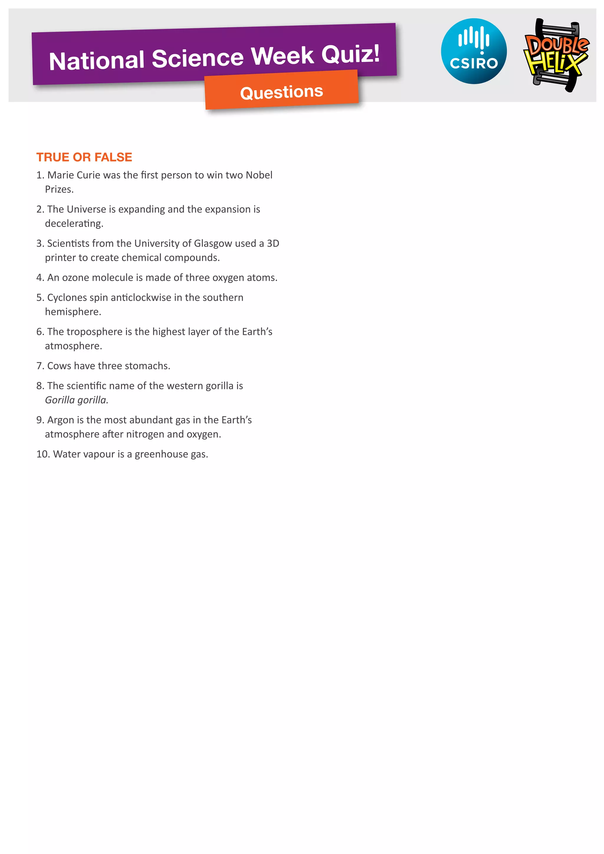 National science week quiz questions 2012 | PDF