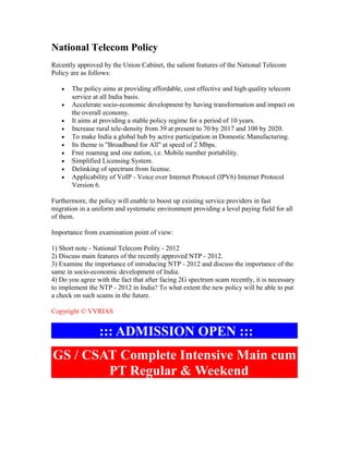 National telecom policy by vvr ias | PDF