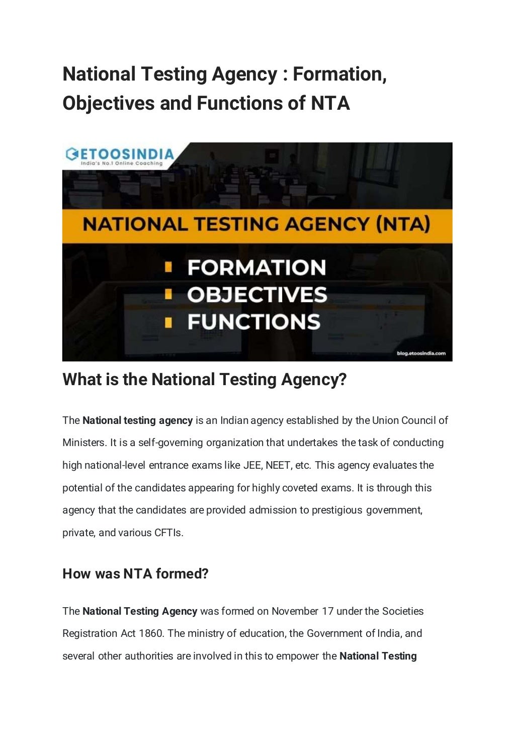 National Testing Agency _ Formation, Objectives and Functions of NTA.docx