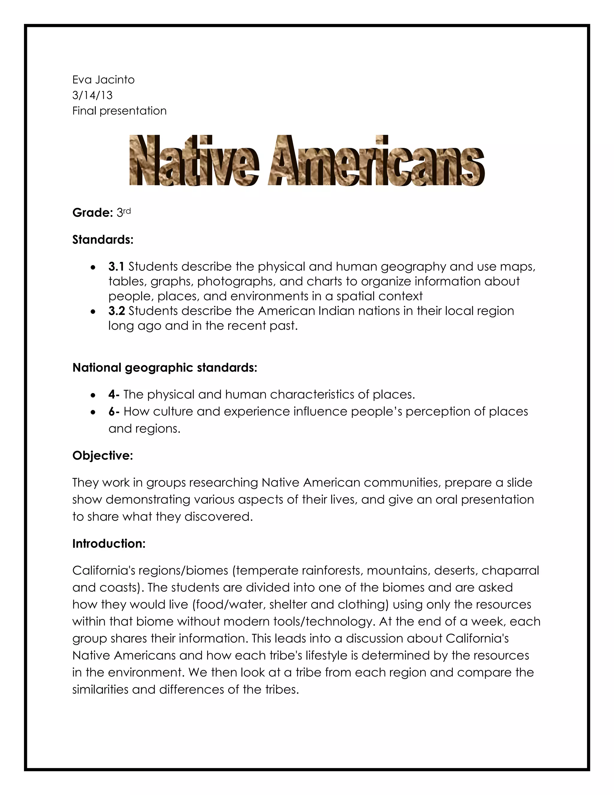 Native american lesson plan | DOCX | Geography | Science