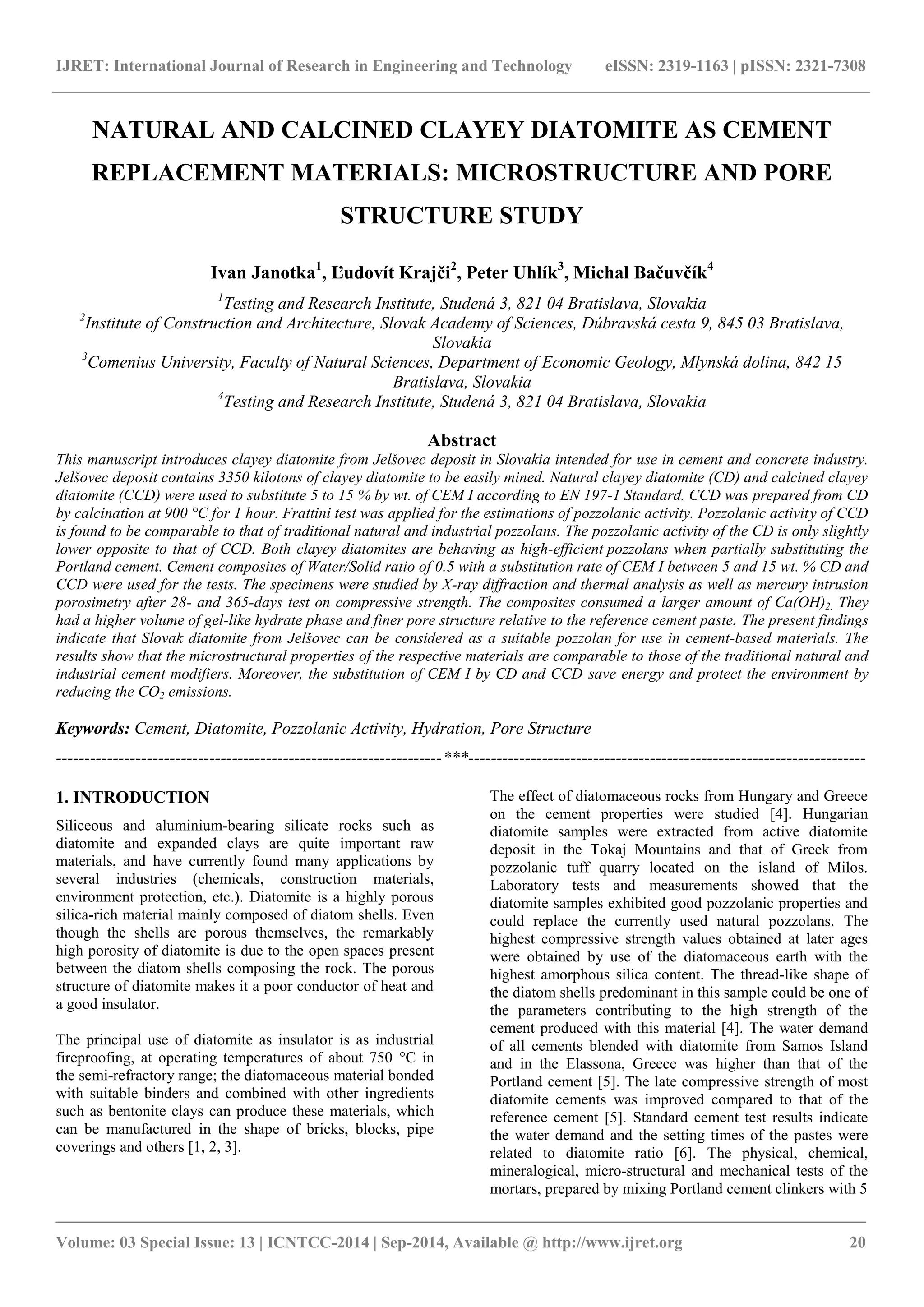 Natural and calcined clayey diatomite as cement replacement materials ...