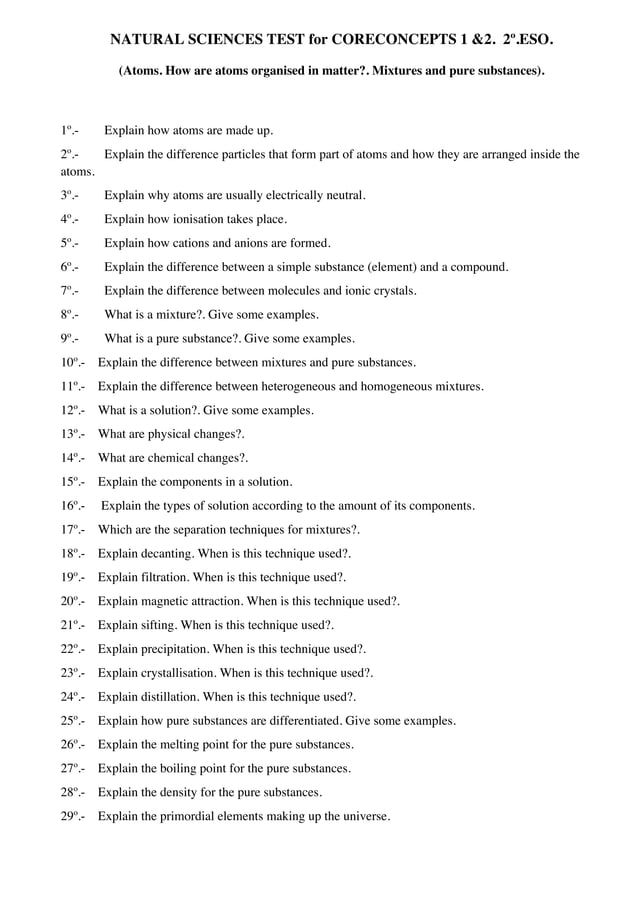Natural sciences test for coreconcepts 1 | PDF