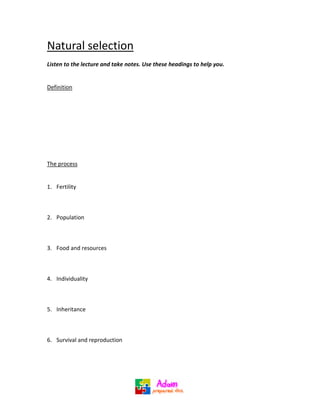 Natural selection - EAP note-taking sheet | PDF