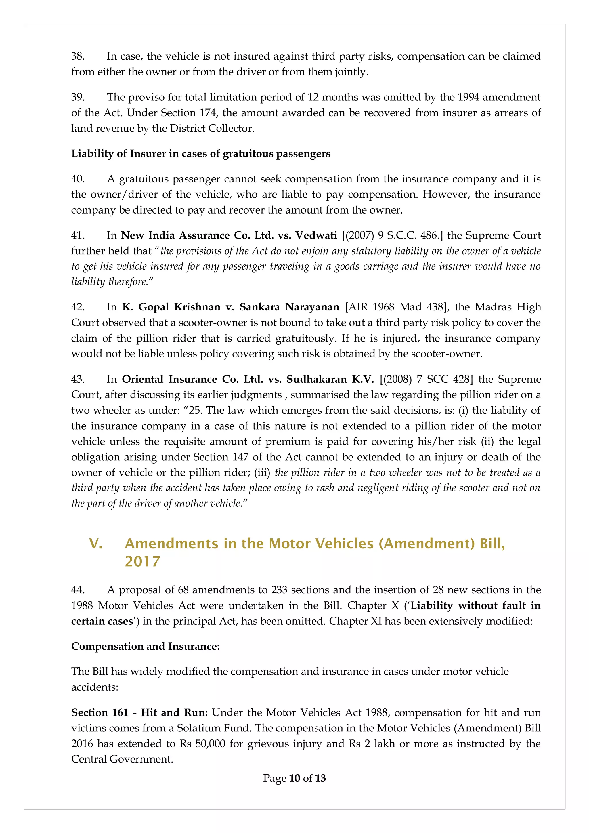 Nature and extent of insurer's liability under motor vehicles act 1988 ...
