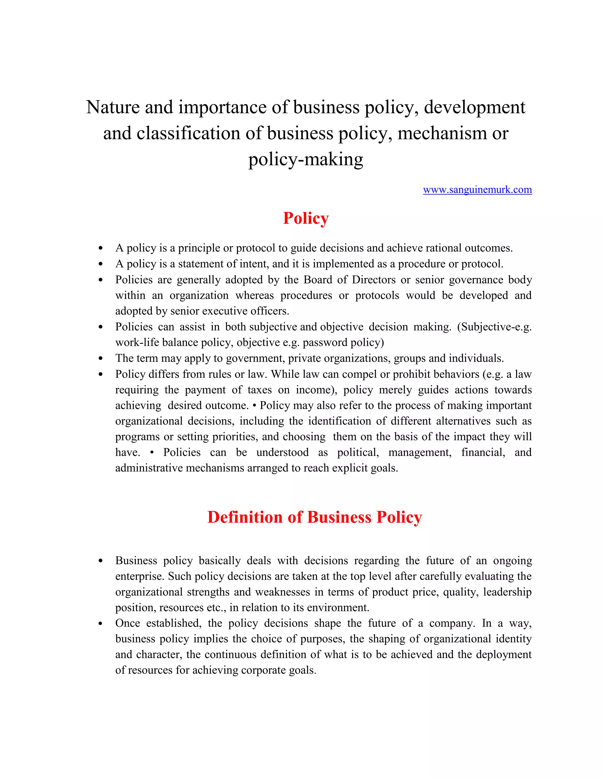 Nature and importance of business policy | PDF