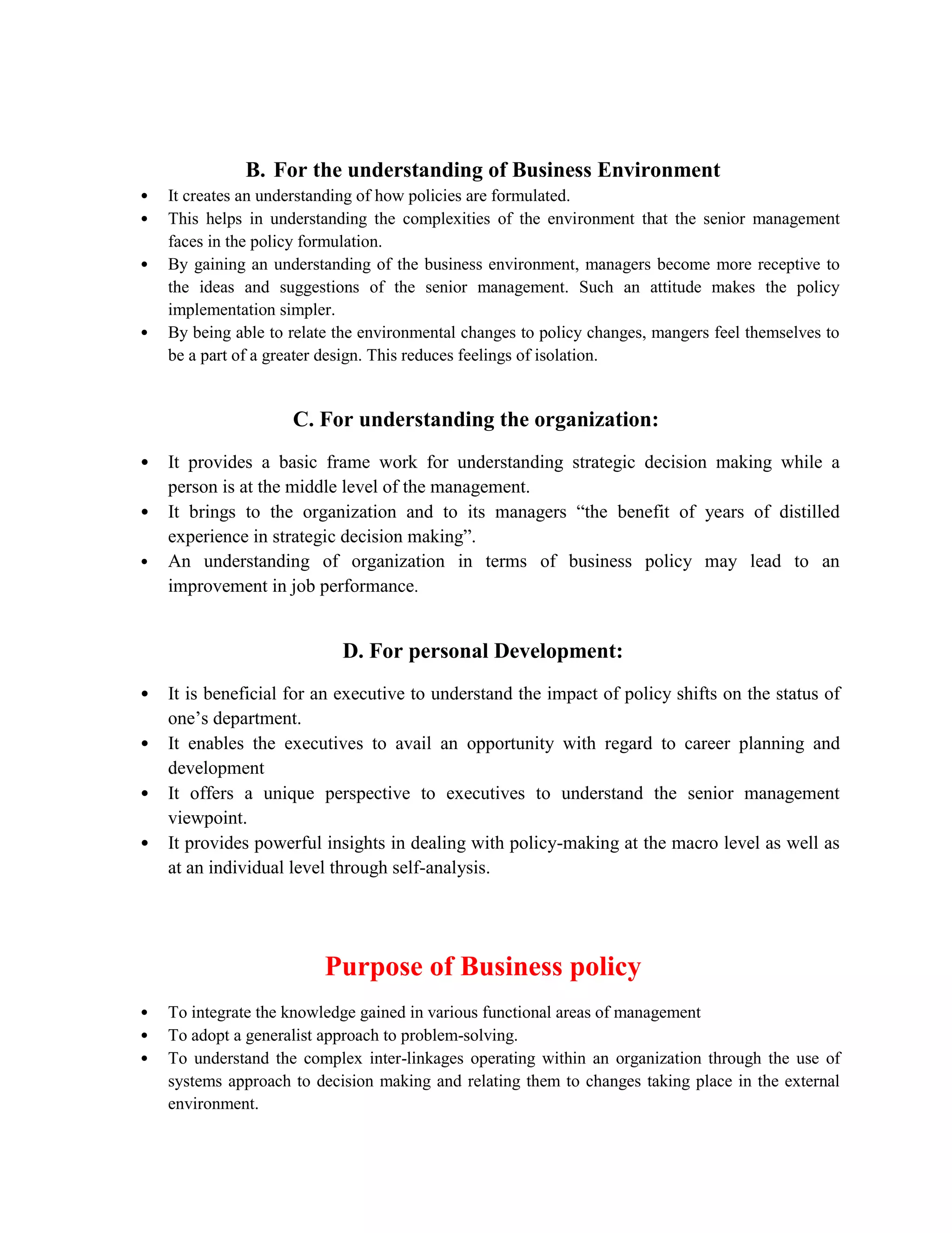 Nature and importance of business policy | PDF