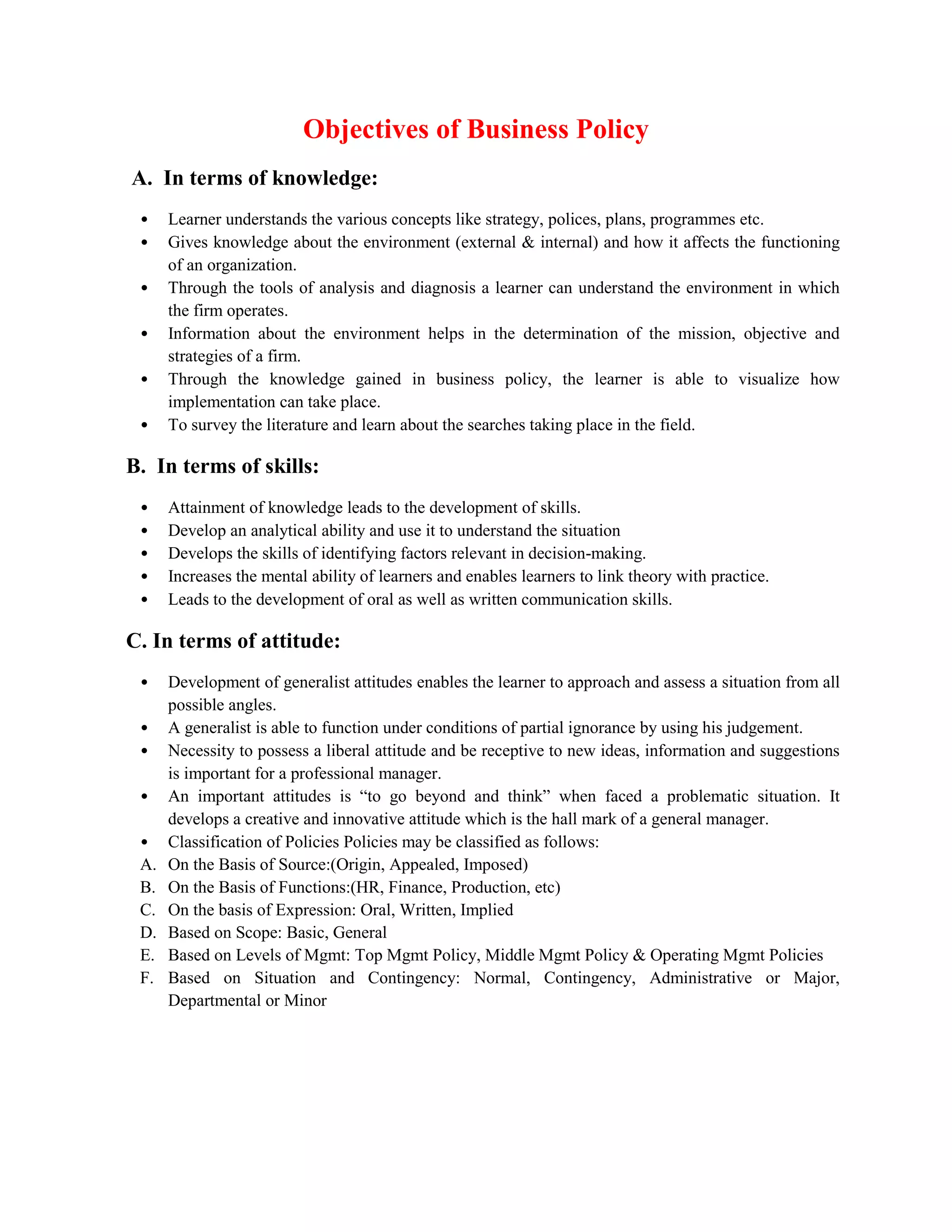 Nature and importance of business policy | PDF