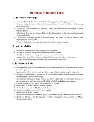 Nature and importance of business policy | PDF