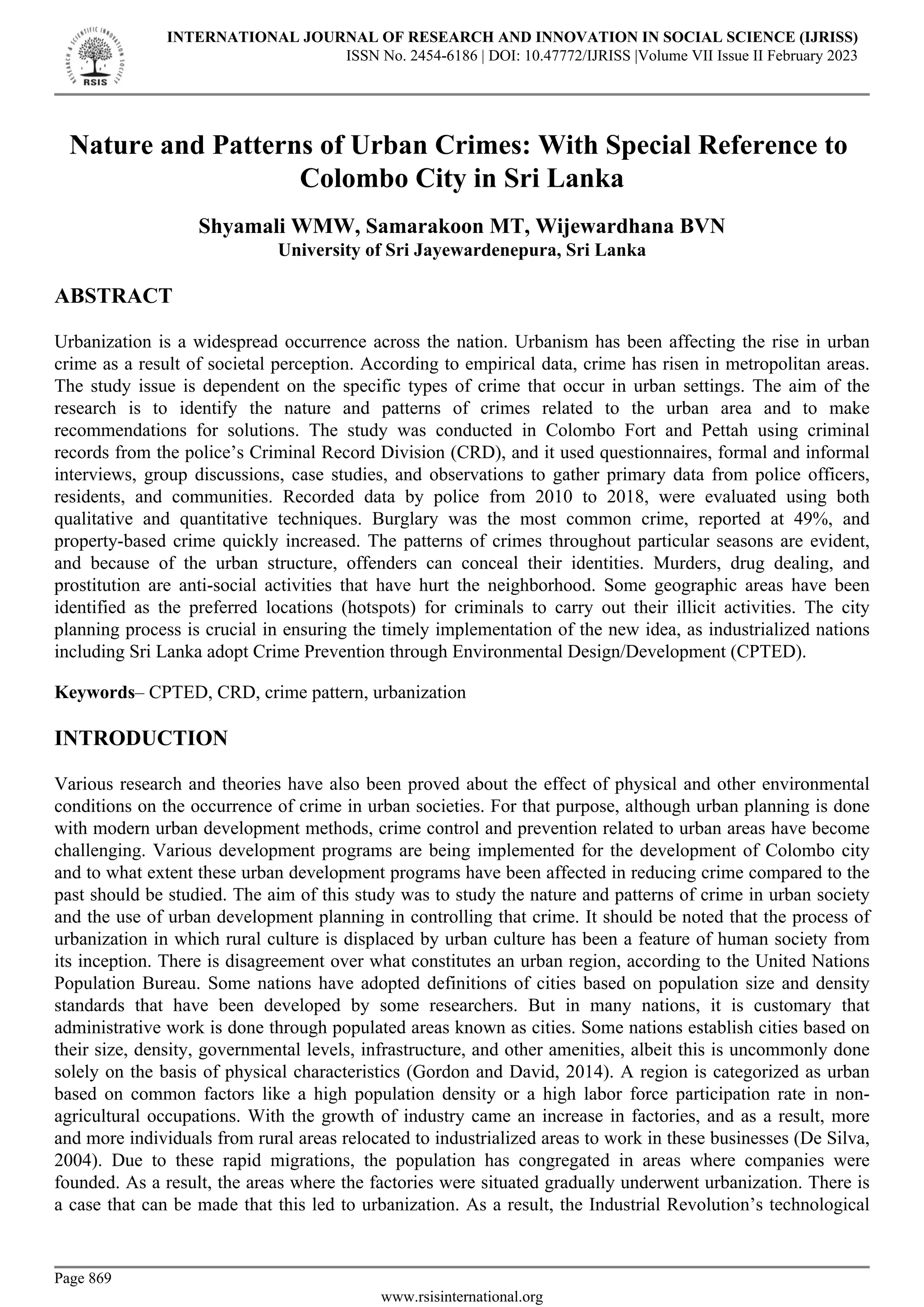 Nature and Patterns of Urban Crimes With Special Reference to Colombo ...