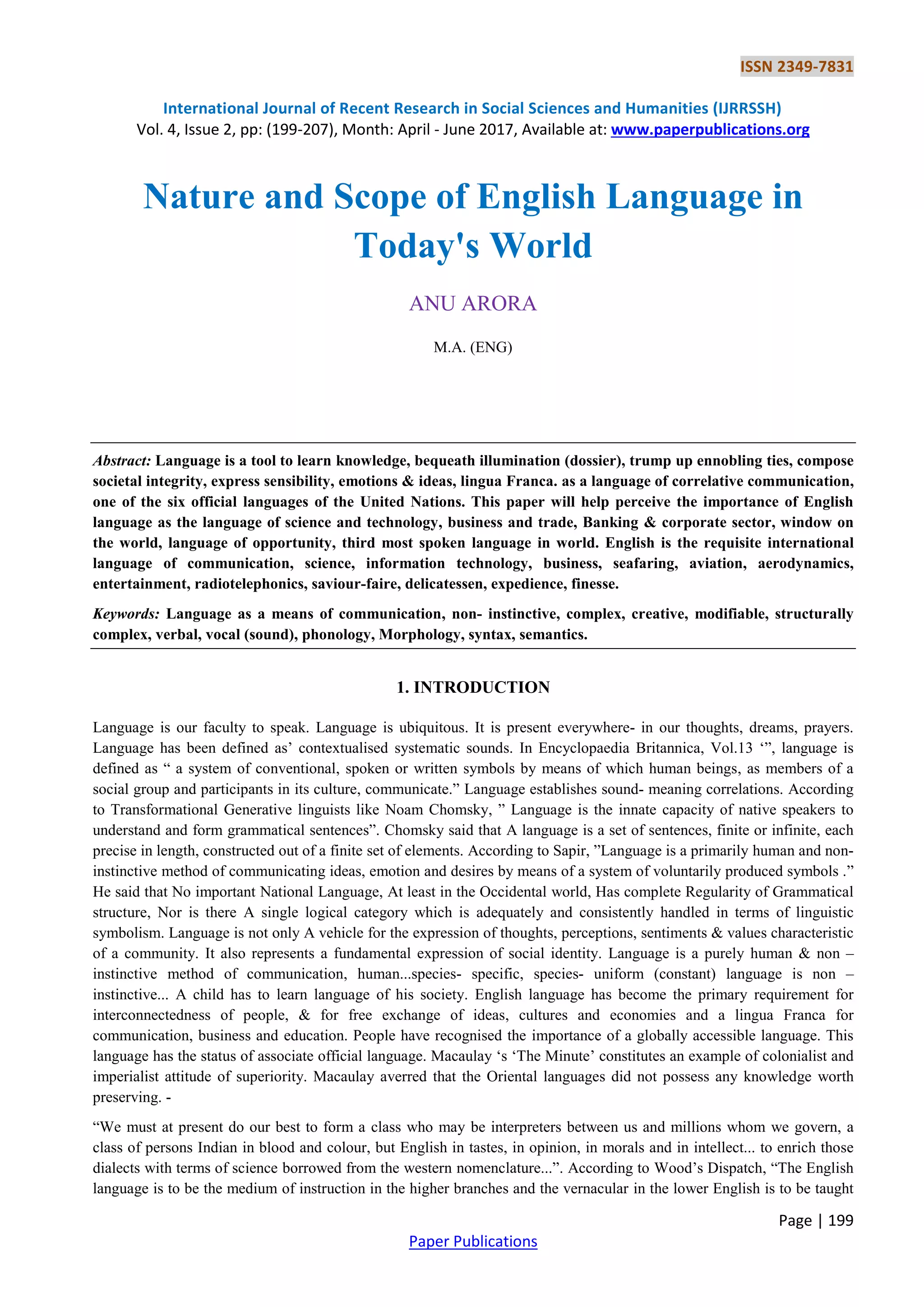 Nature and Scope of English Language in Today's World | PDF