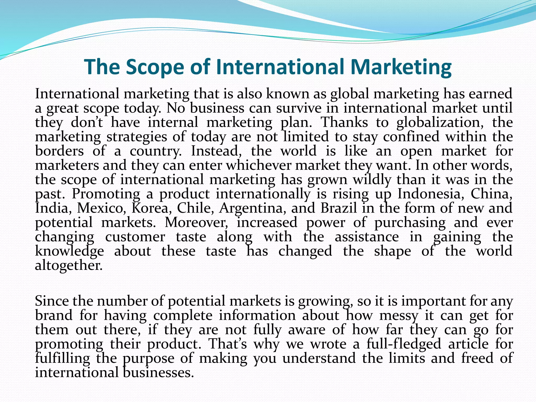 Nature, importance & scope of International Marketing | PPTX