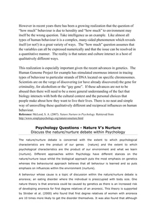 Nature V Nurture in Psychology. By Theresa Lowry-Lehnen. Lecturer of ...